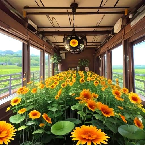 Sunflower Bus Ride - Vibrant Sunflower Landscape in Whimsica...