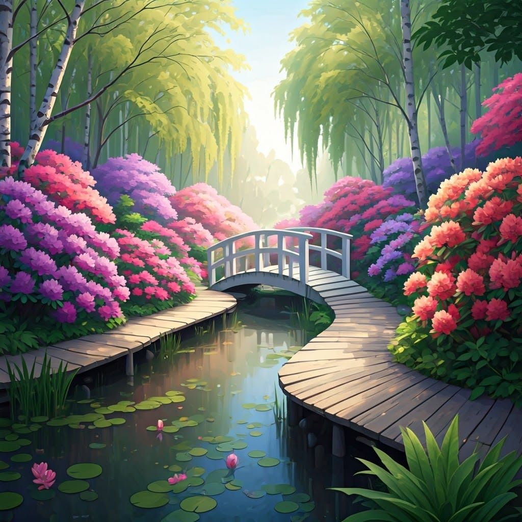 A beautiful rhododendron park in spring, watercolor art, with lush ...