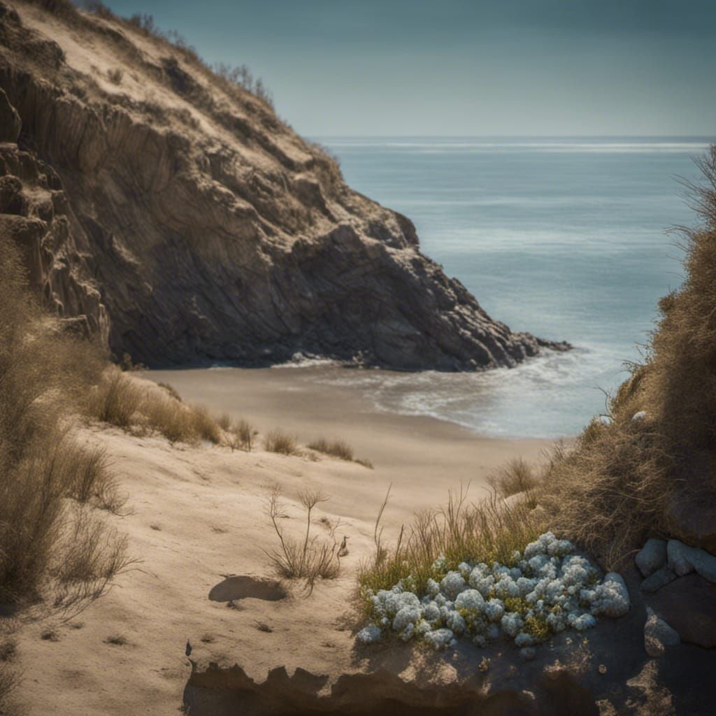 Layers of sediment revealed in a low cliff. Above are small shrubs and ...