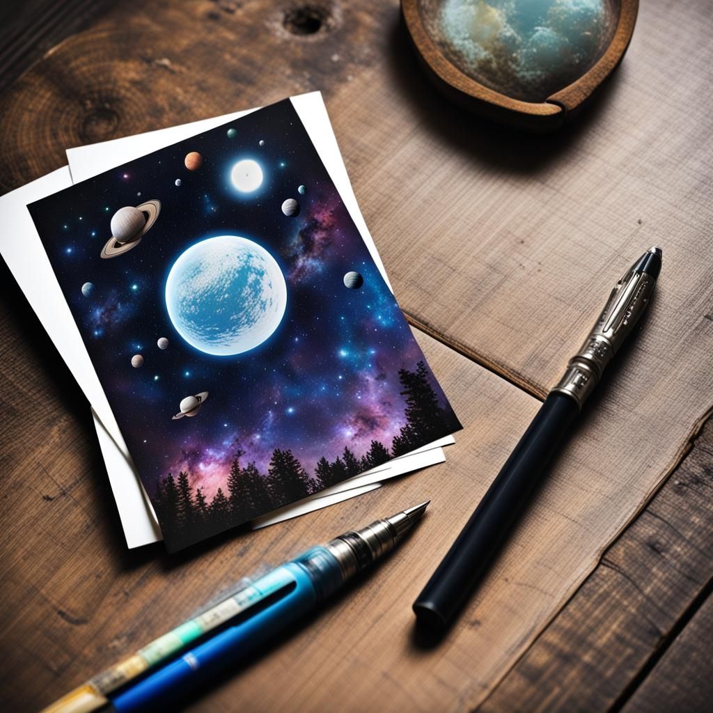 Photo of Beautiful postcard on a rustic table with Bic pens. Magical ...