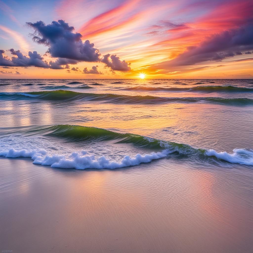 Sunset Over Ocean, beautiful multi colored clouds overhead with sun ...
