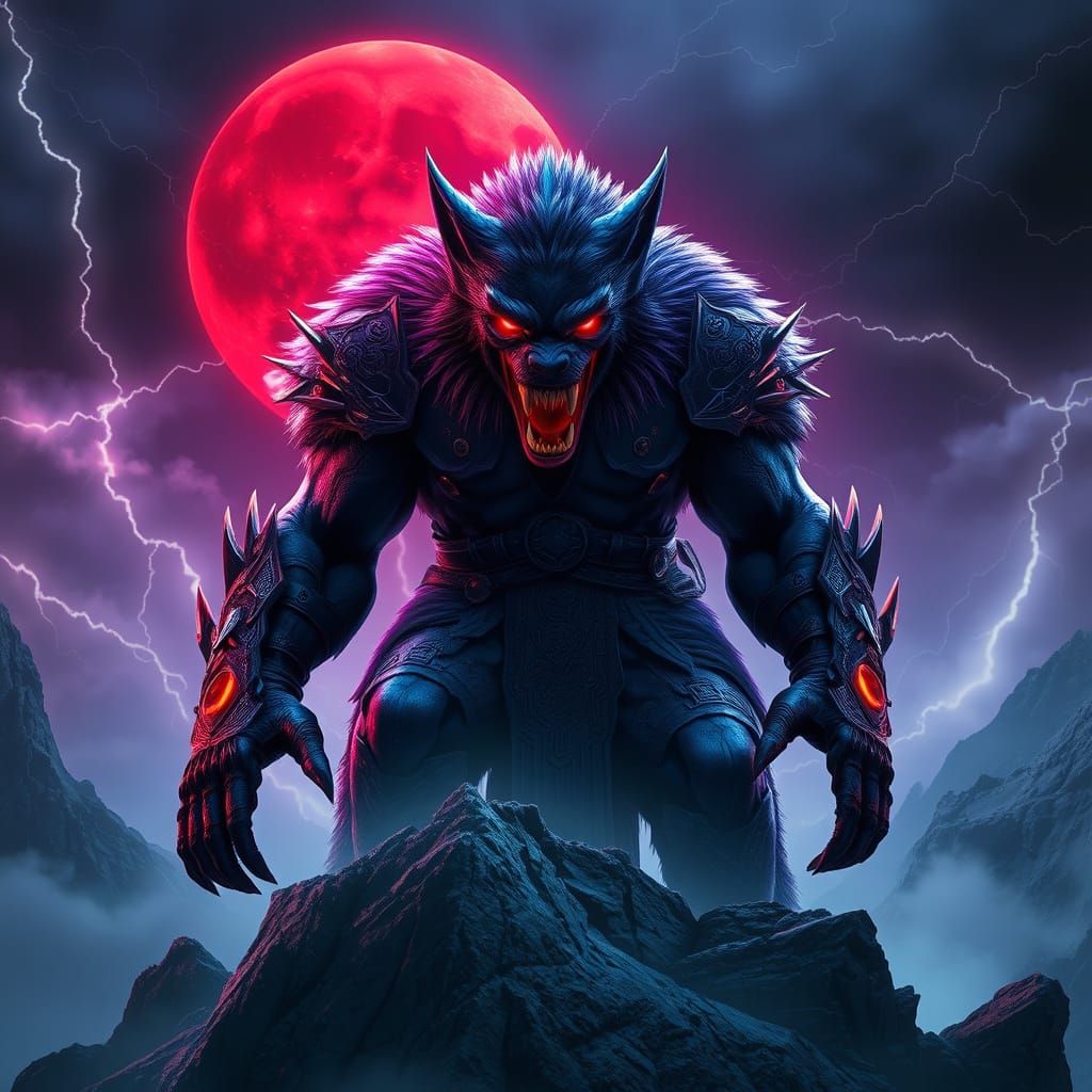 A towering werewolf - Werewolf God on Mountain Peak in Dark...