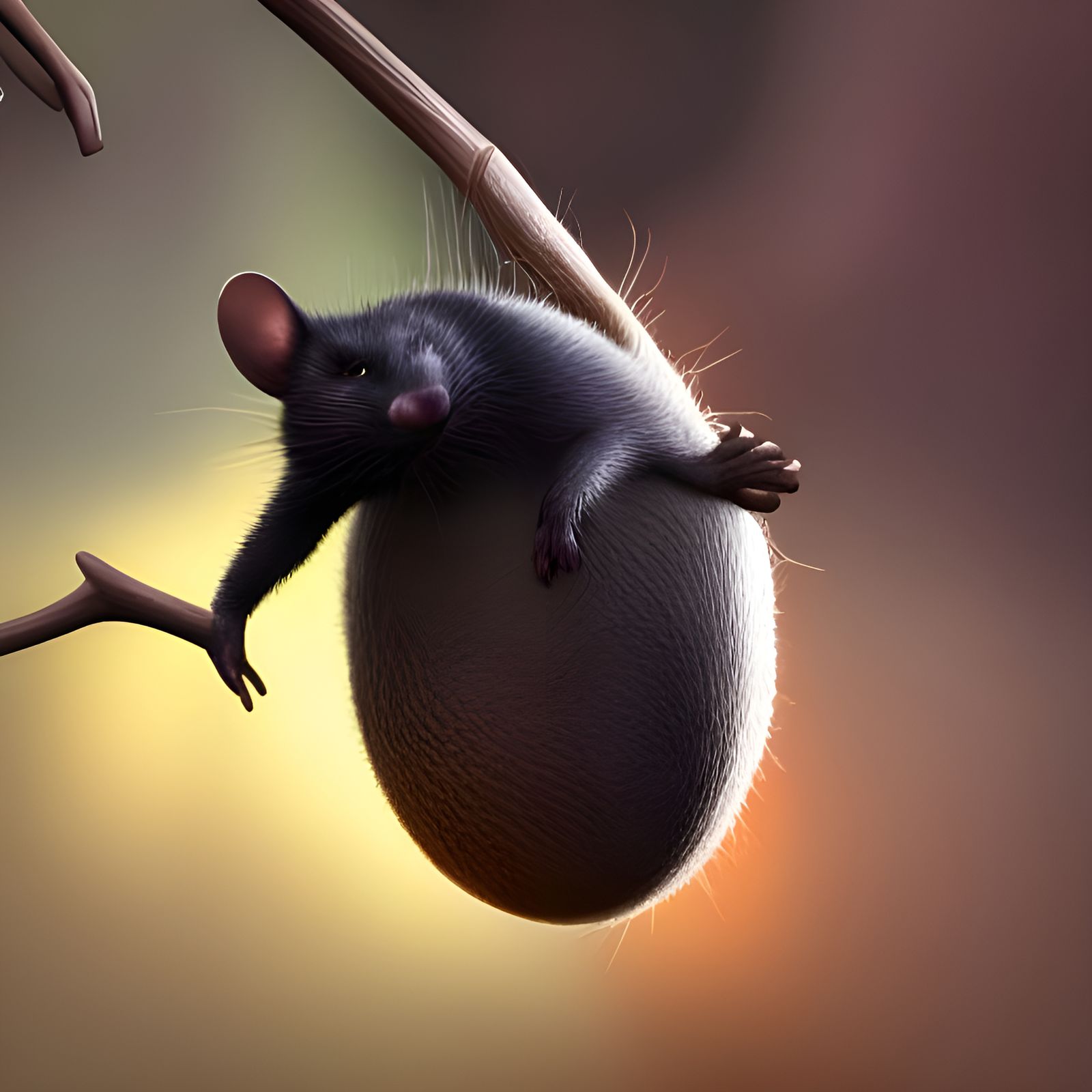 A black rat hatching from a fuzzy cocoon that is vertically oriented ...