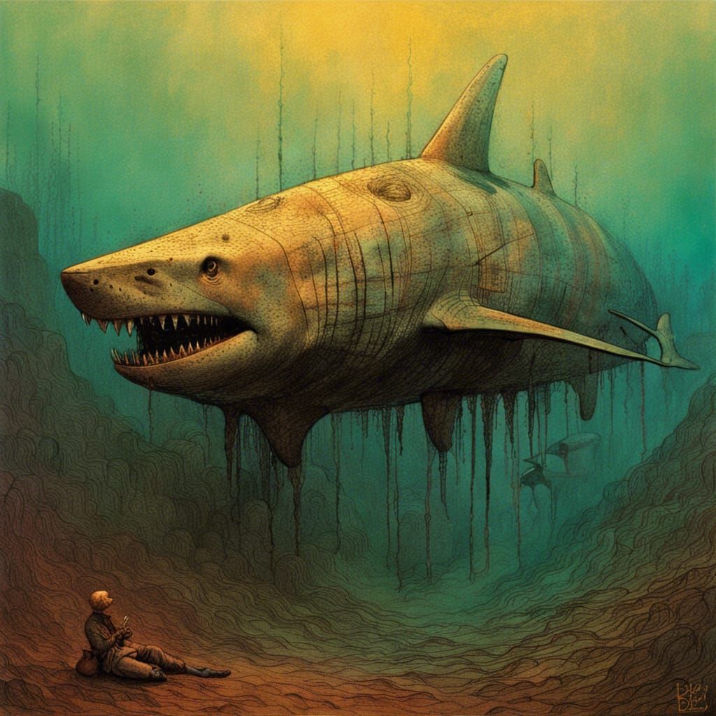 prehistoric shark art by Zdzislaw Beksinski and Moebius - AI Generated ...