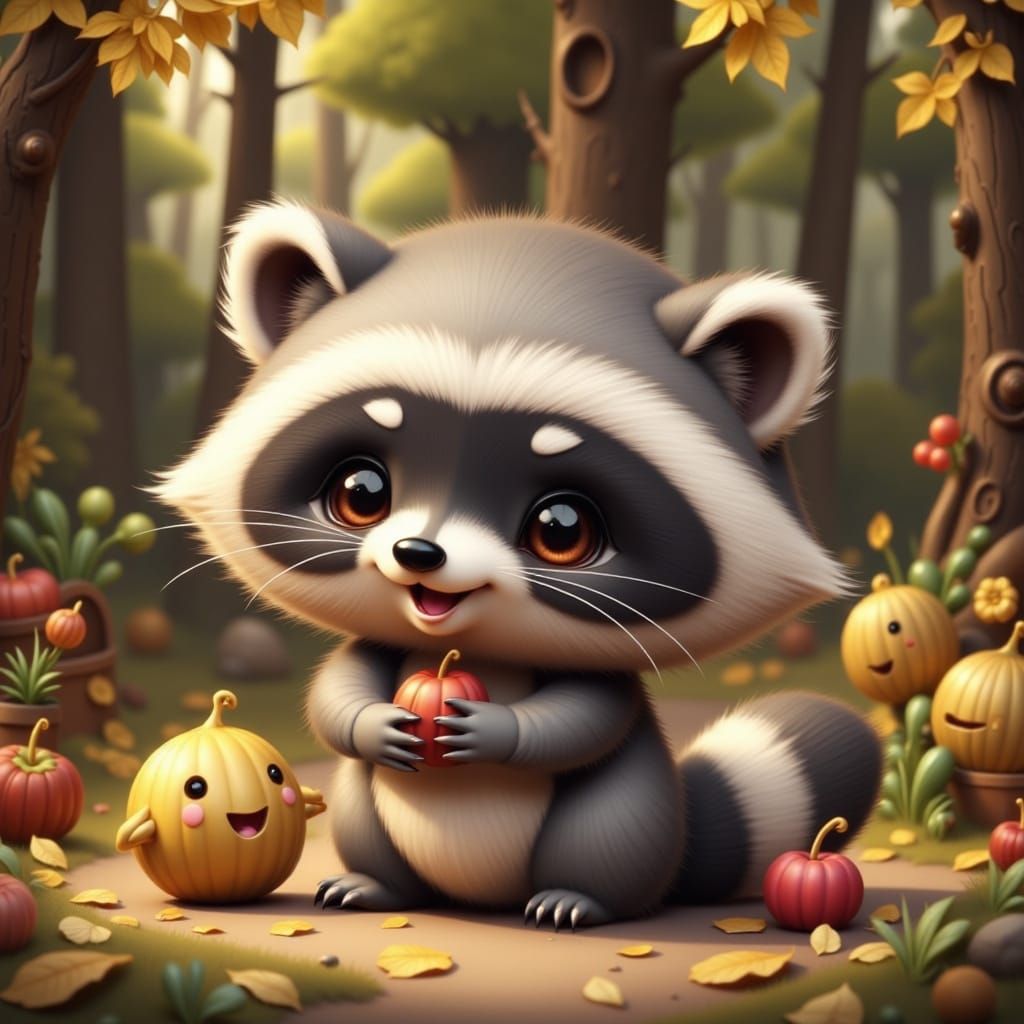 Cute Chibi Raccoon Eats with Whimsy - AI Art