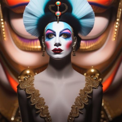 A stunning frontal portrait of a clown with expressive eyes and a ...