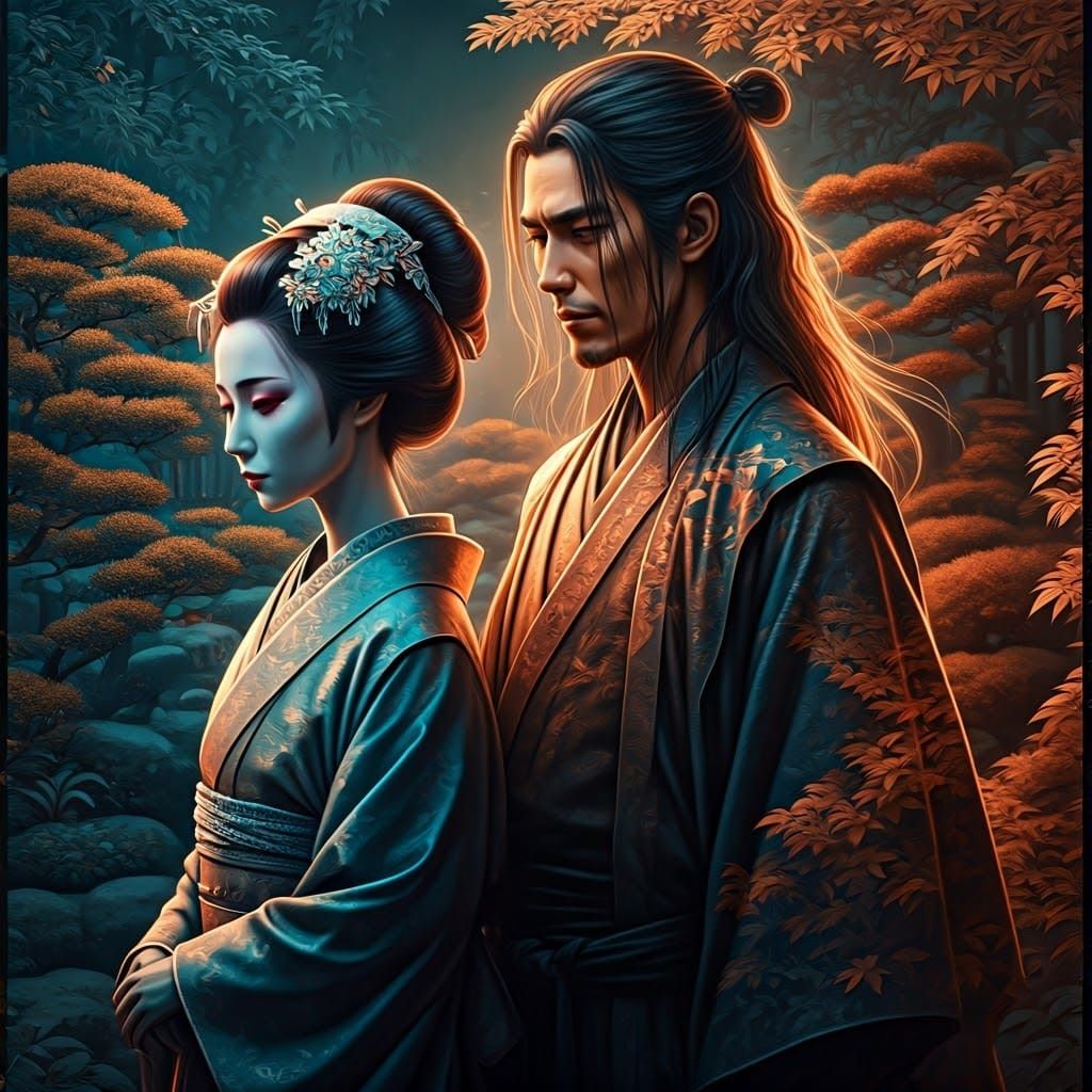 Blue and Brown - Ethereal Geisha and Samurai in Metallic Hue...