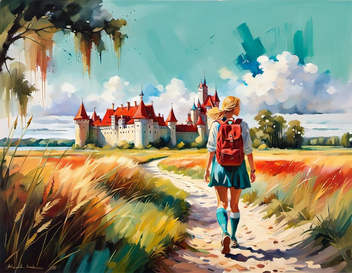 Oil painting of blonde backpacker walking on sandy path in the ...