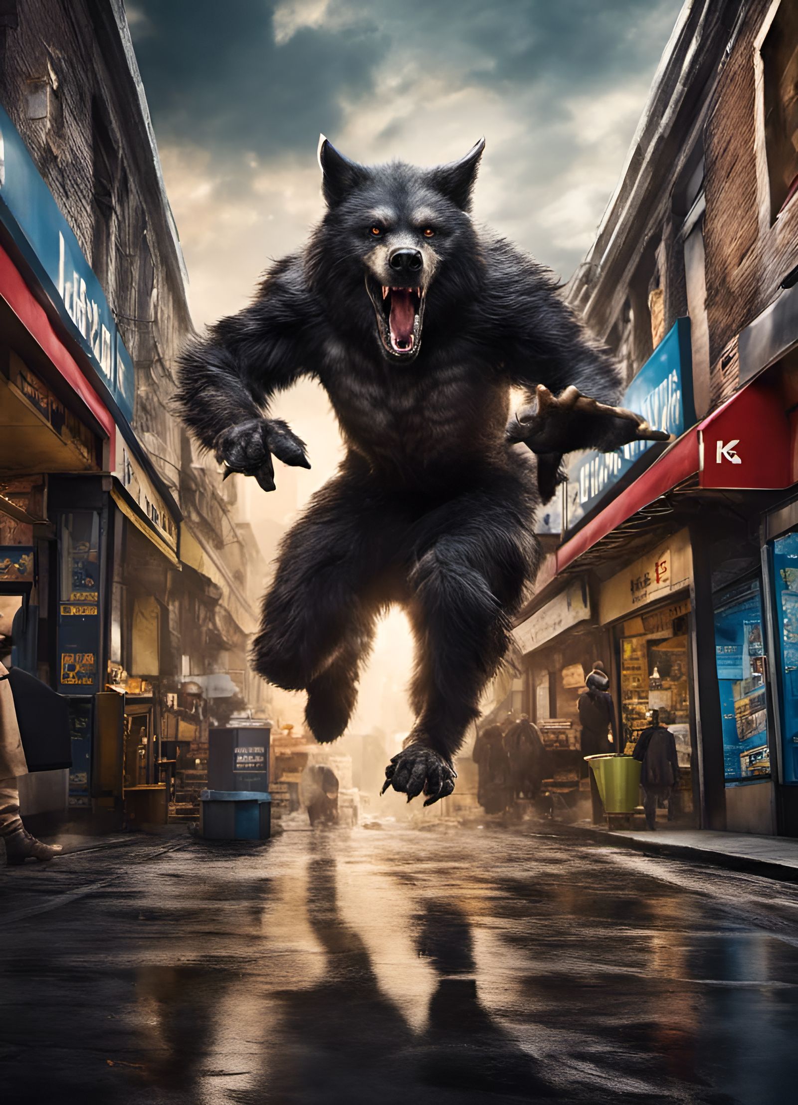 A werewolf in uniform running in Walmart during the apocalypse, horror ...