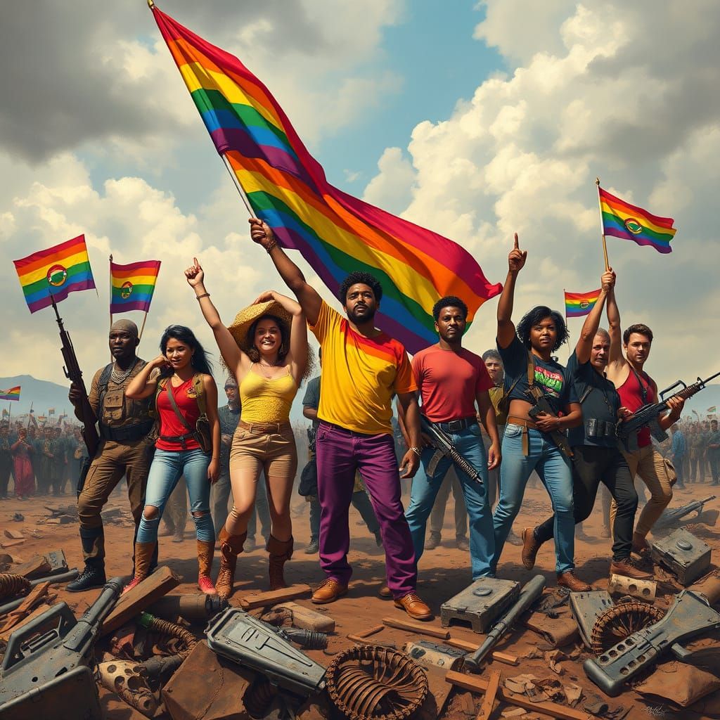 This image depicts a diverse group of LGBTQ+ activists and allies raising a rainbow flag on a ...
