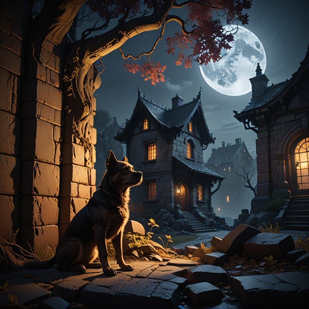 A Grown Dog Barking Full Moon a masterpiece, 8k resolution, dark fantasy concept art, by Greg...