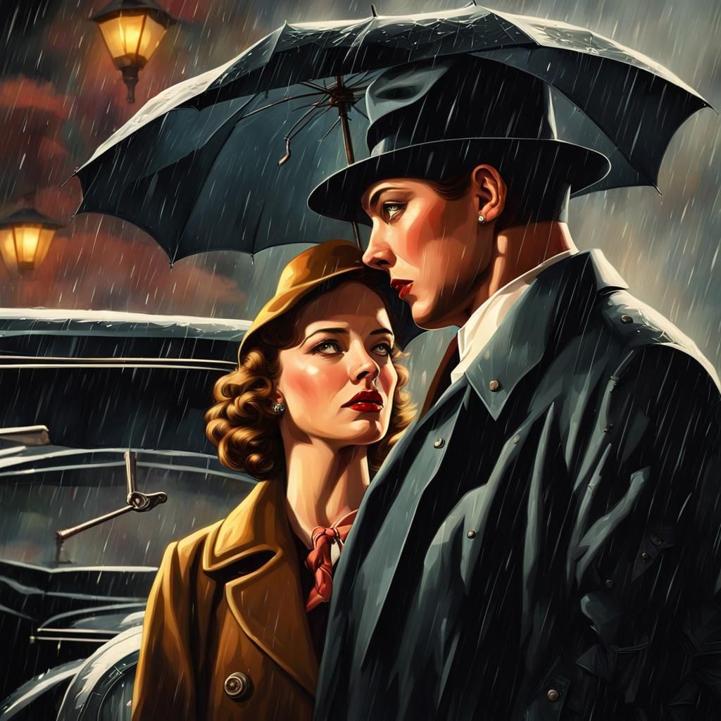 A hard boiled film noir detective talking to a beautiful dame in the ...