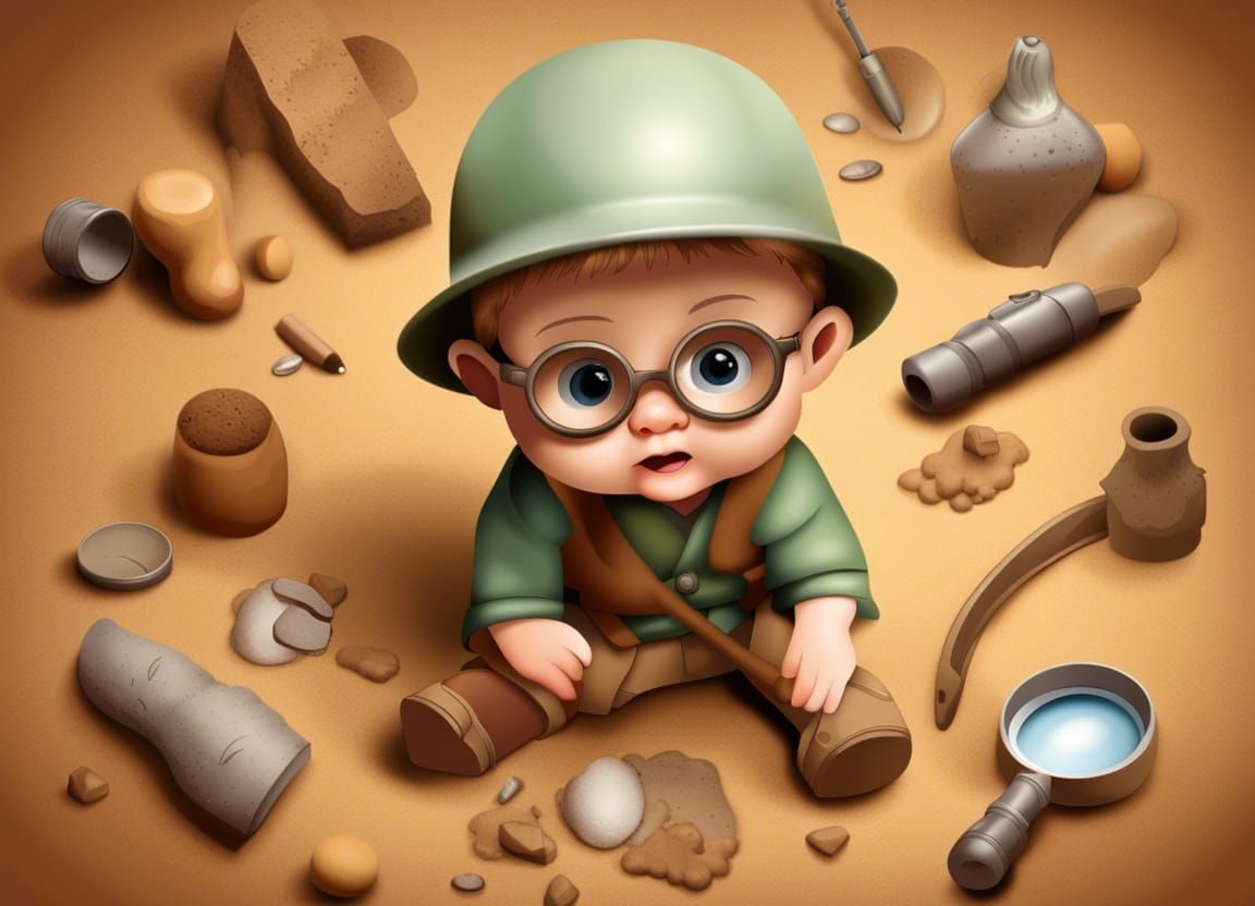 Baby Archaeologist Adventurer: Create an image that showcases a baby ...