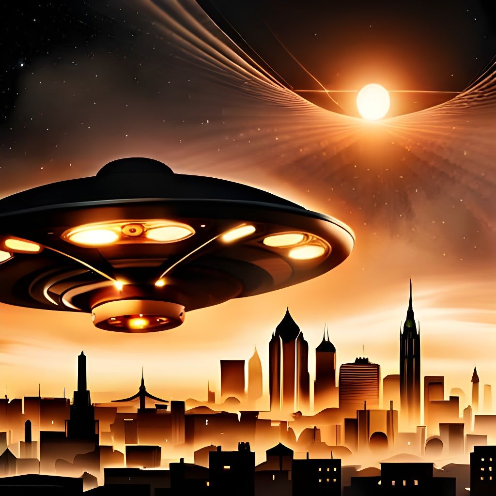 UFO flying saucer over the night city with burning houses, search ...