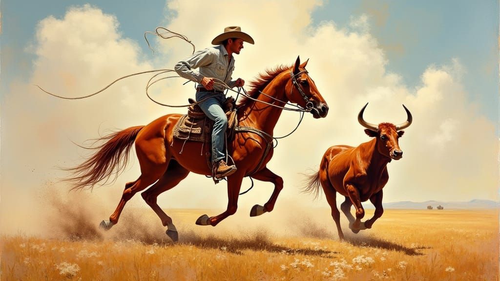 Cowboy riding a horse at full gallop, with a lasso over his head ...