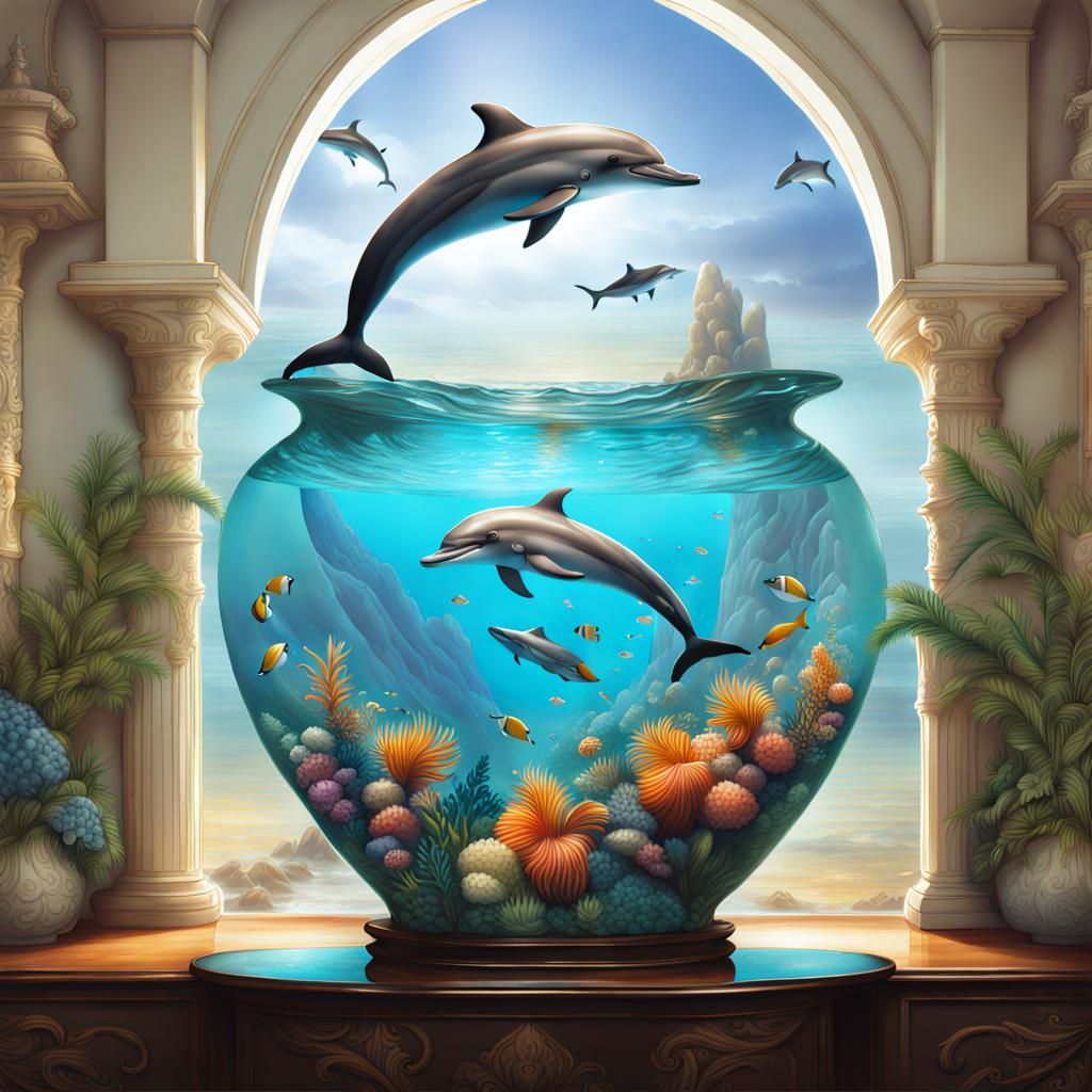 Dolphins and tropical fish seascape in a flower vase - AI Generated ...
