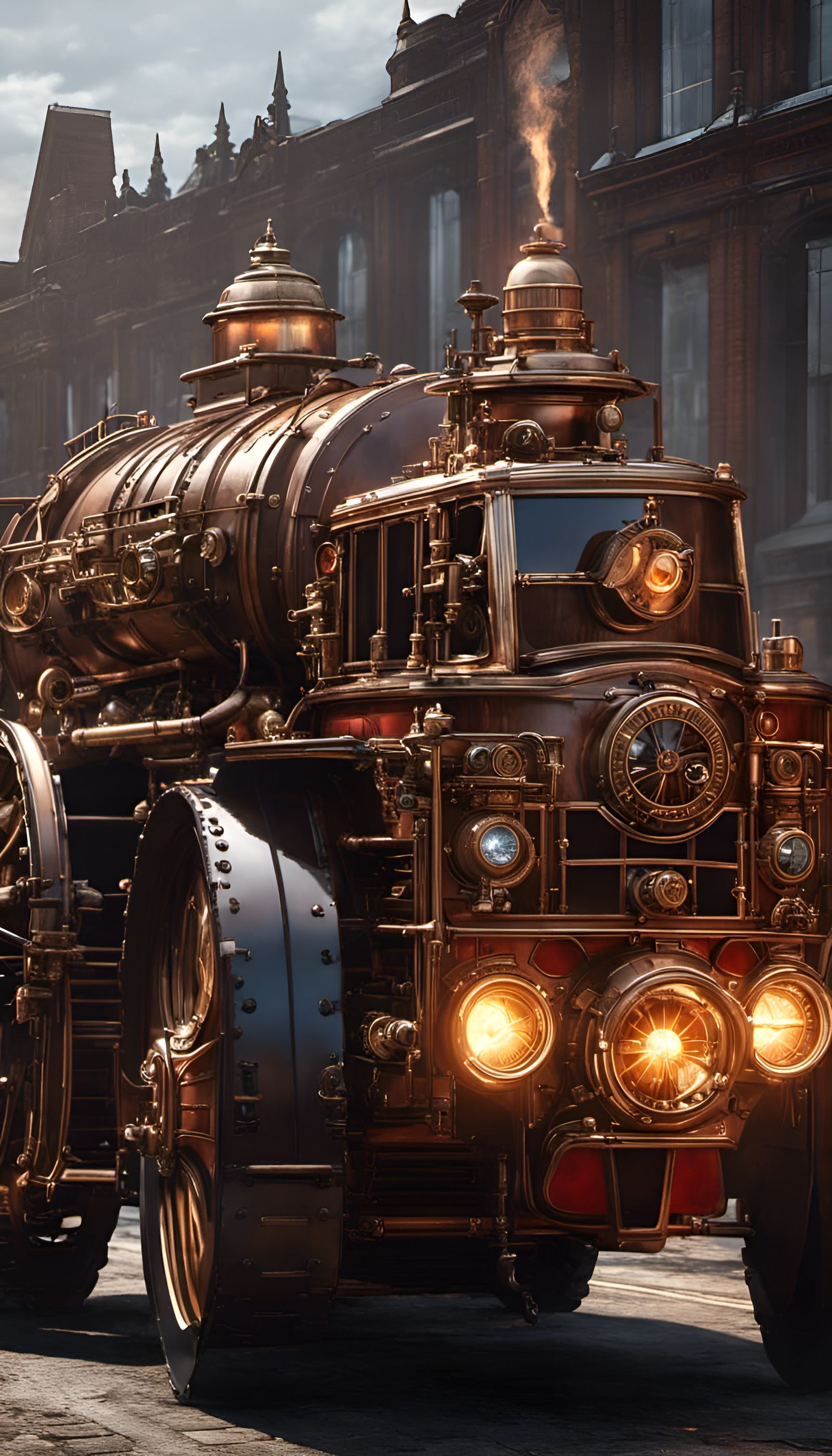 Steampunk firefighters with their steampunk fire engine, 8k resolution ...