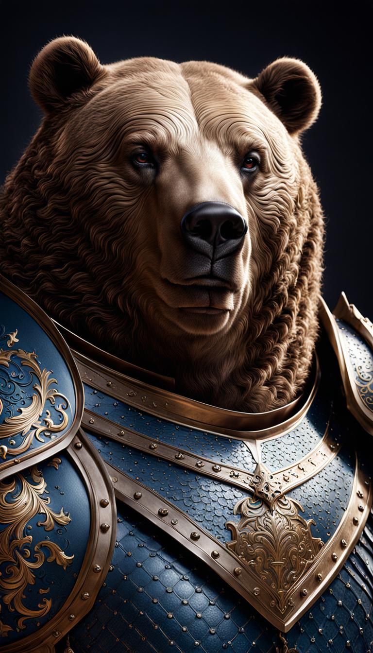 head and shoulders portrait of an Obese Bear knight wearing ornate blue ...