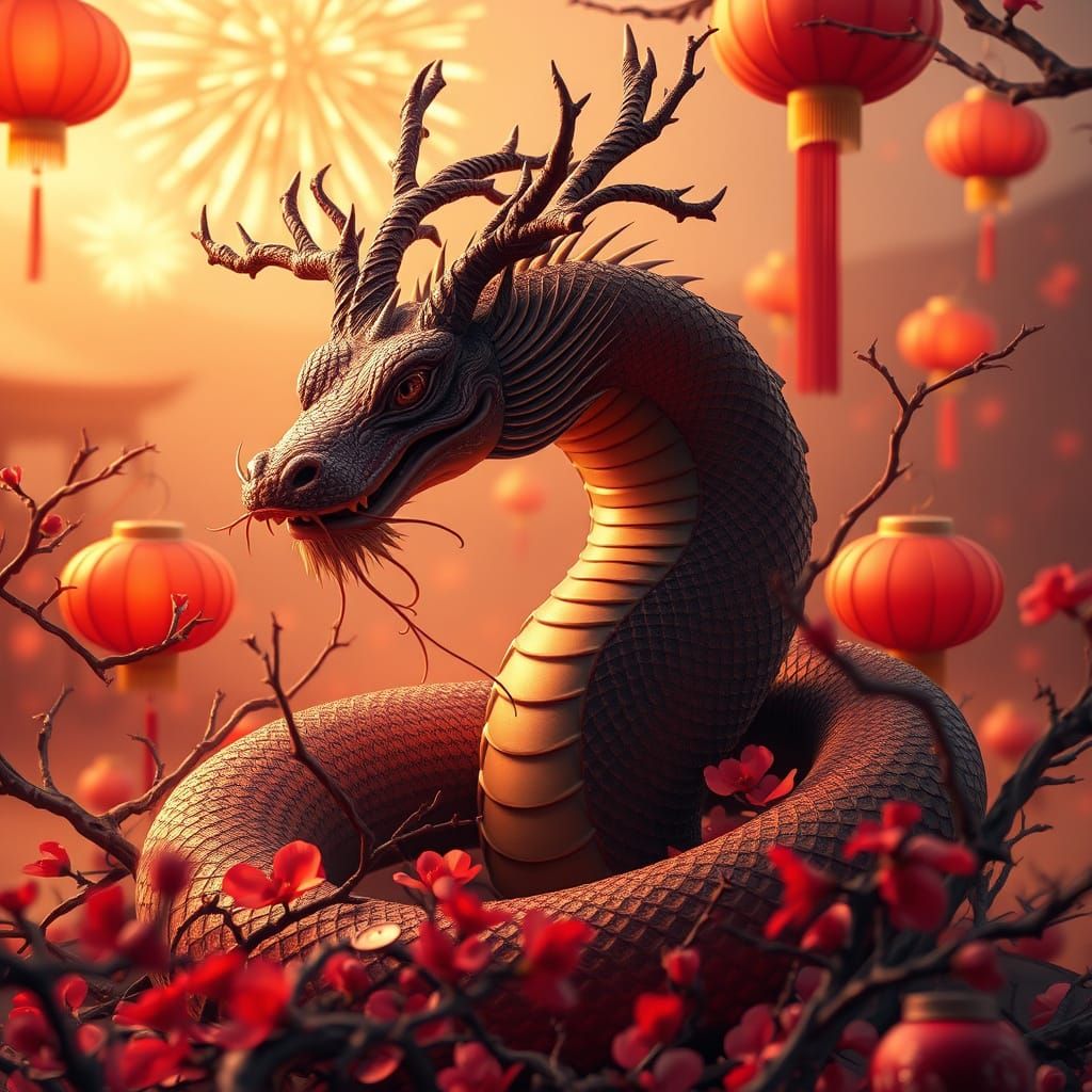 Majestic, Antlered Serpent in Traditional Chinese ... - AI Art