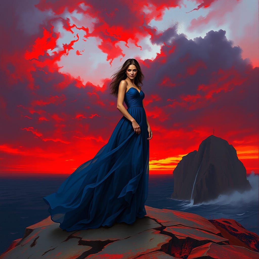 Lady in Blue Revealed on Windswept Island at Dusk - AI Art