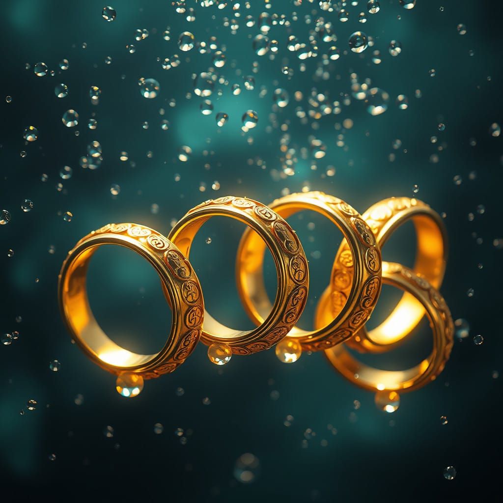 5 rings - Golden Rings Suspended in Mid-Air Halo of Water Dr...