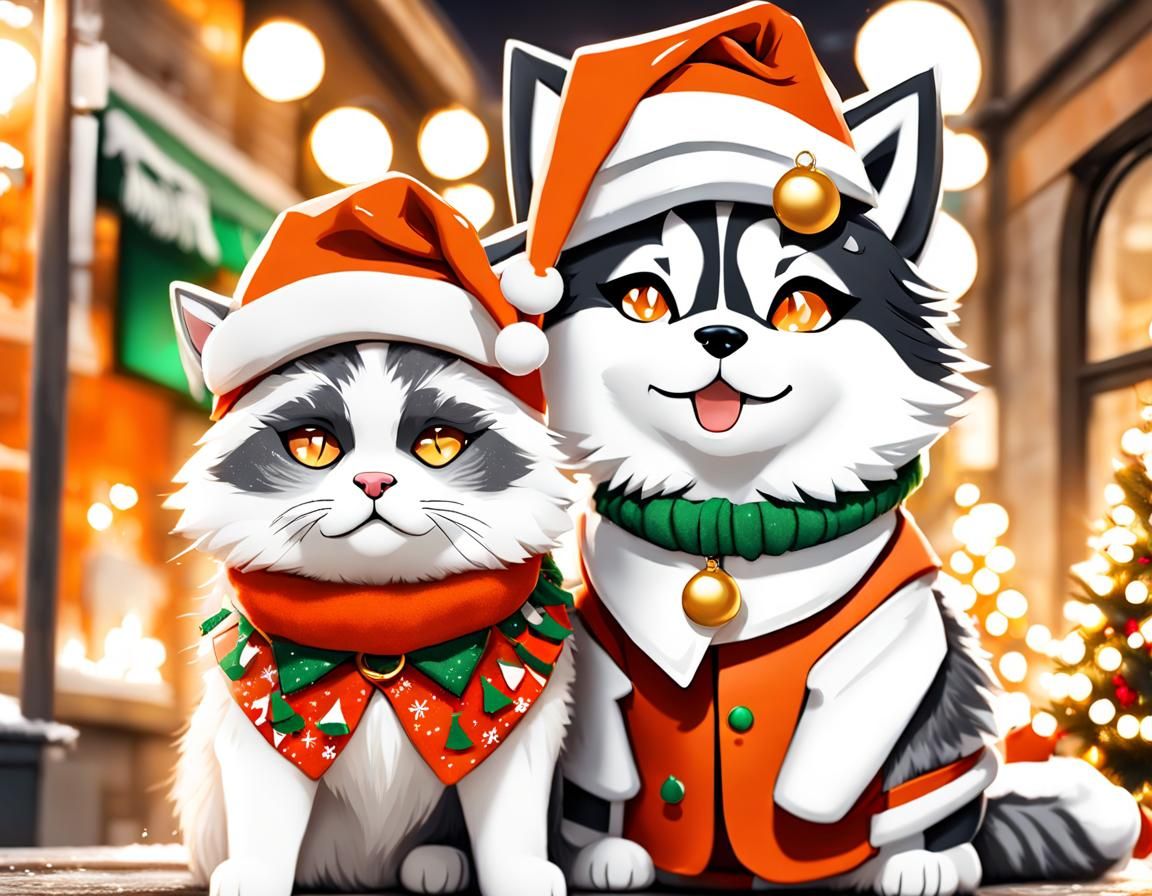 Chibi Cat and Husky Celebrating Christmas - AI Generated Artwork ...