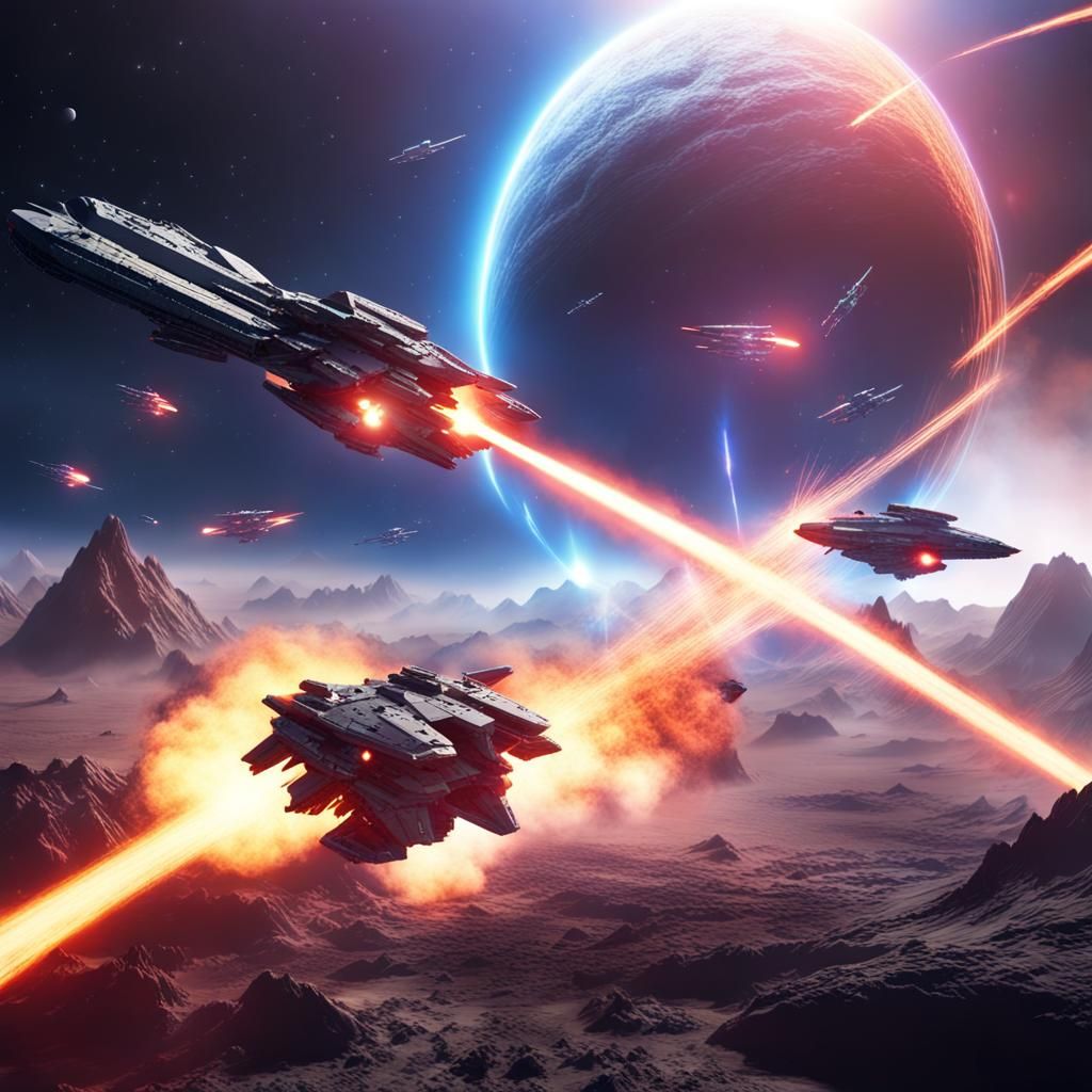 An epic space battle above an alien planet, laser beams crisscrossing ...