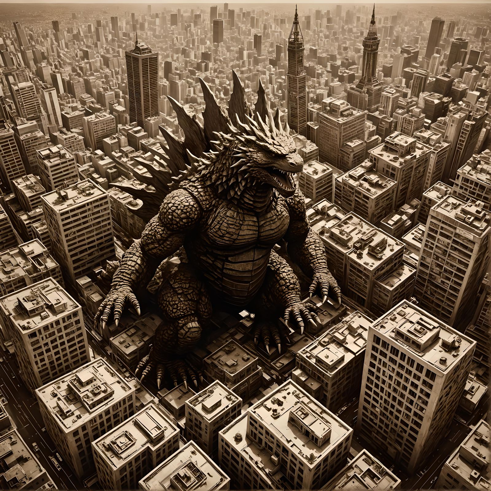 Sepia art illusion Godzilla rampage Tokyo overhead view dieselpunk ...