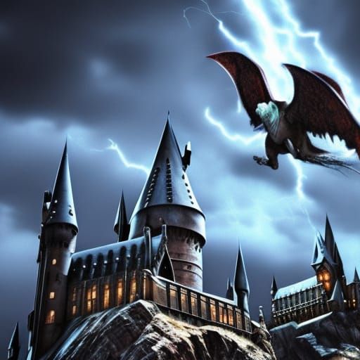Hogwarts, Epic cinematic storm fighting, burning down, 4k hyperdetailed ...