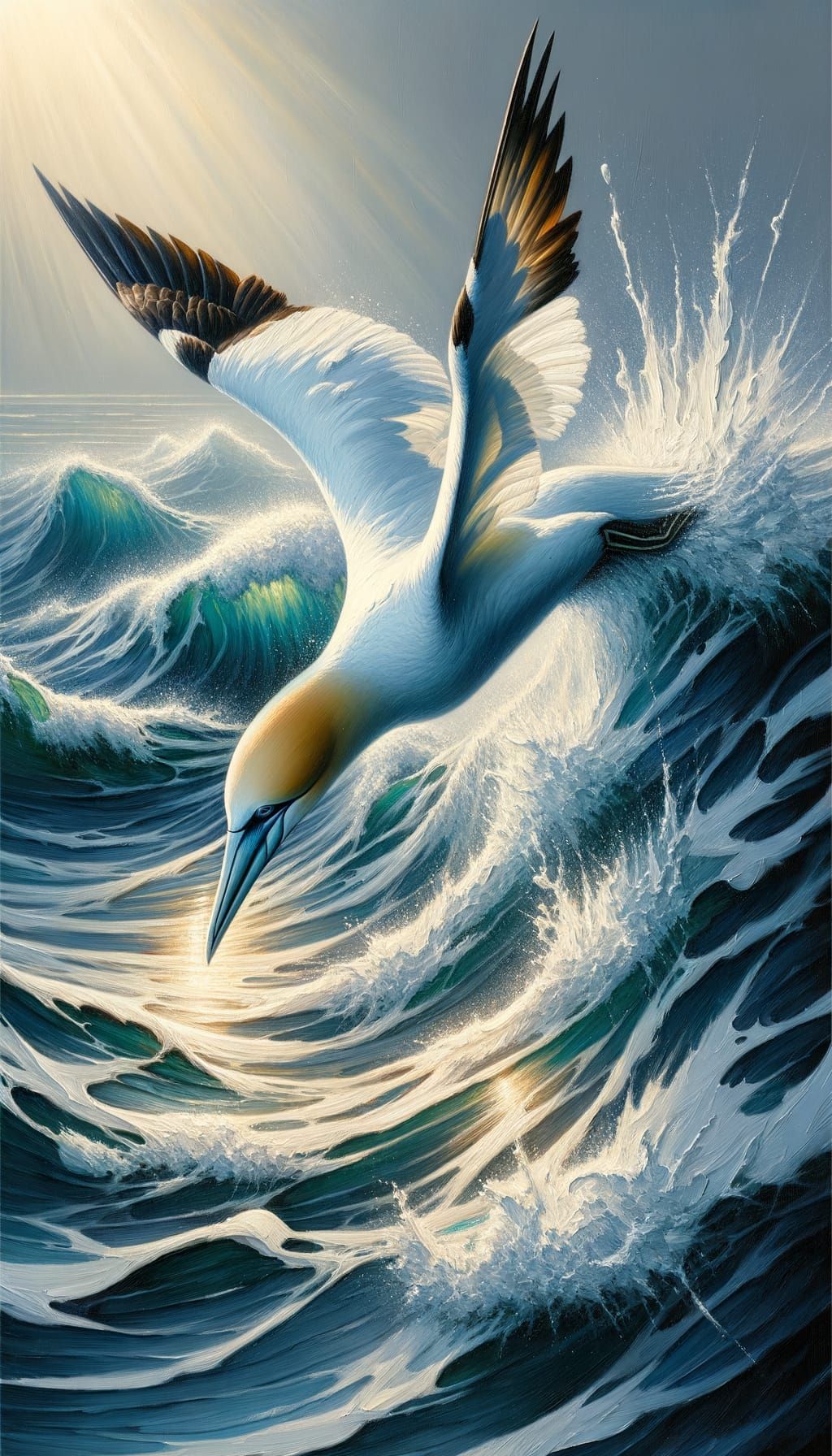 Paint a dramatic, hyper-realistic scene of a gannet in mid-dive ...