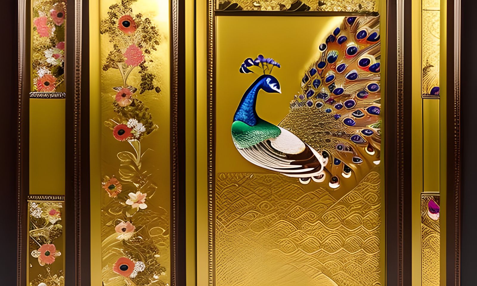 peacock on gold leaf wooden lacquered wall panel - AI Generated Artwork ...