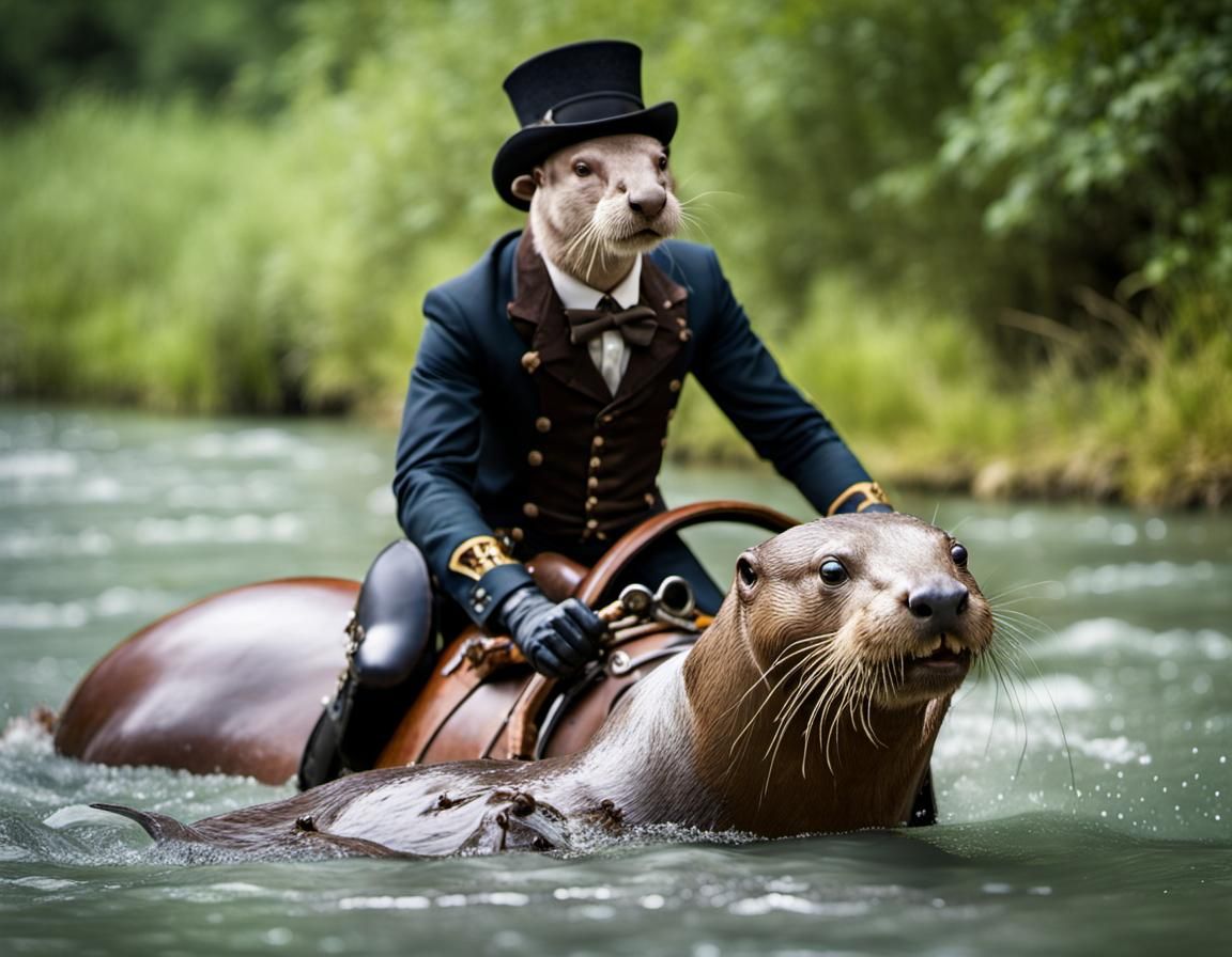 foto,summer , giant otter swiming in a river, a man riding on horseback ...