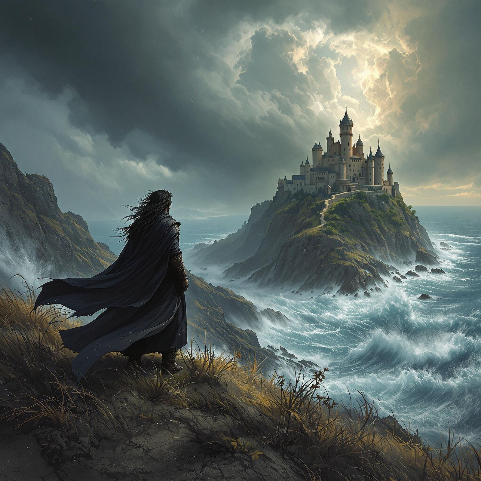 Heroic Figure Looks Out at Dramatic Castle in Turb... - AI Art
