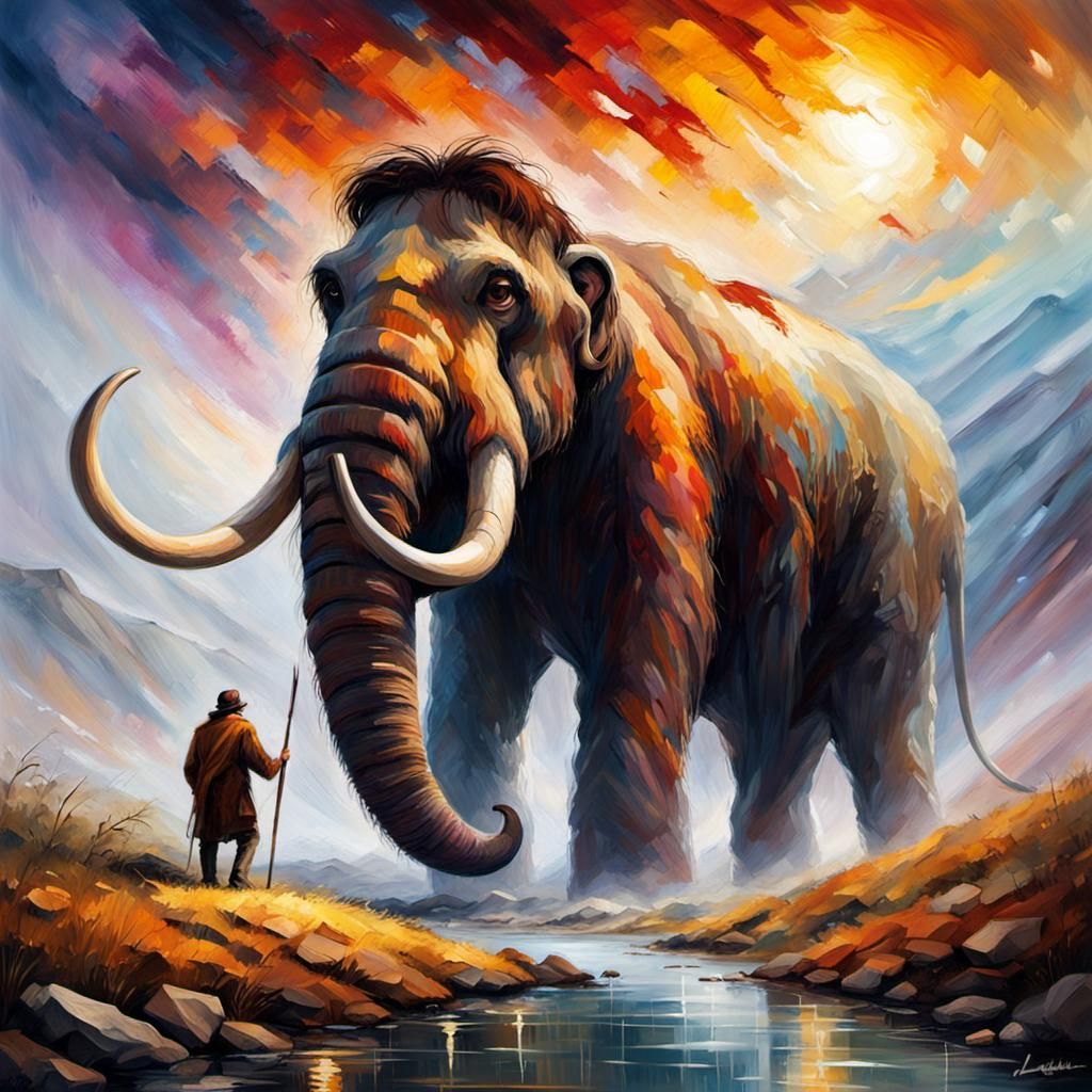 Homo sapiens hunting a woolly mammoth 300,000 years ago :: painting by ...