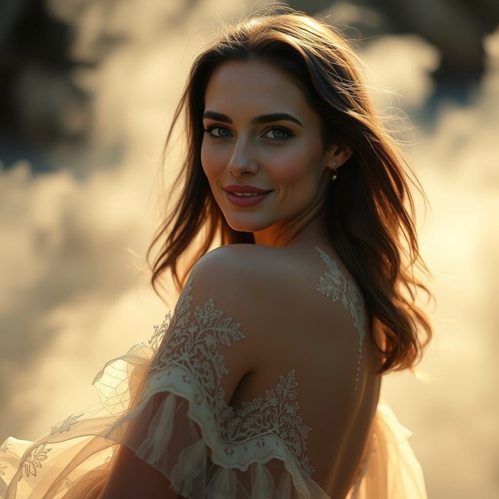 A French supermodel, adorned in a flowing, diaphanous gown with ...