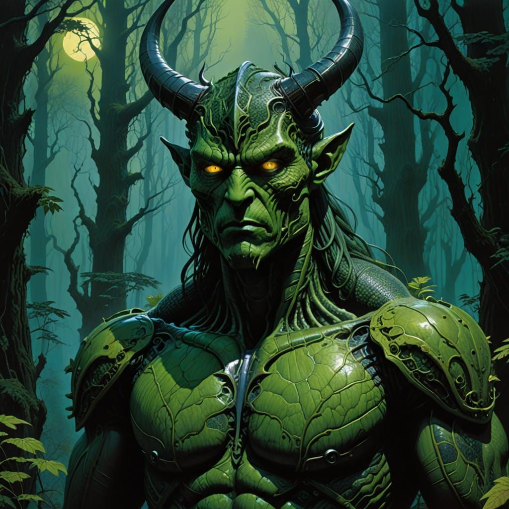 Ethereal Demon Warrior in a Biomechanical Forest - AI Art