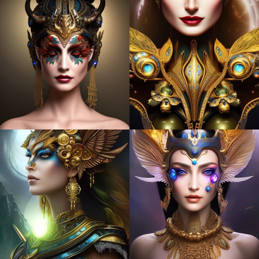 A painting of a fairy with insects on her face with exquisite gold ...