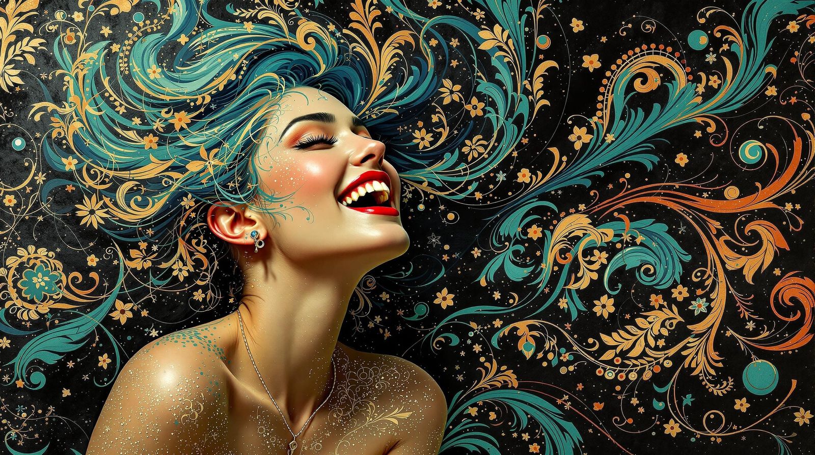 Gleeful Glitter - Vibrant Laughing Beauty in Turquoise and B...