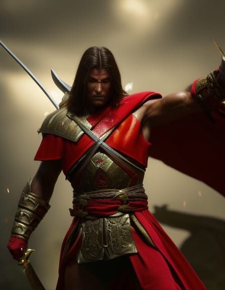 conan barbarian warrior, battle, red cape, fighting demons, 3d - AI ...