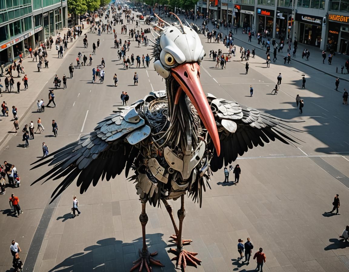 The angry gigant cyborg stork attacking - AI Generated Artwork ...