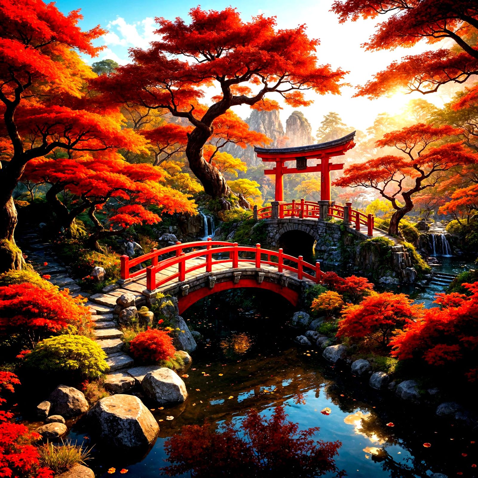 Petit pont rouge dans un jardin japonais.