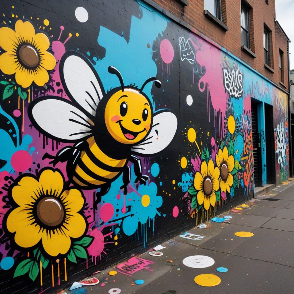Happy BEE Mural - Vibrant Urban Bee Street Art Mural