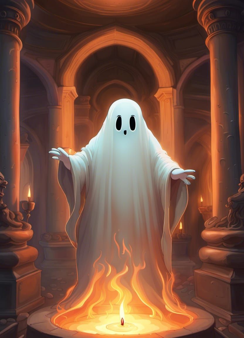 a glowing outline of a standing on-fire cute happy obese Ghost, with ...