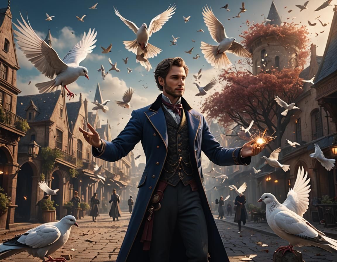 Handsome magician making female doves appear out of the air - AI ...