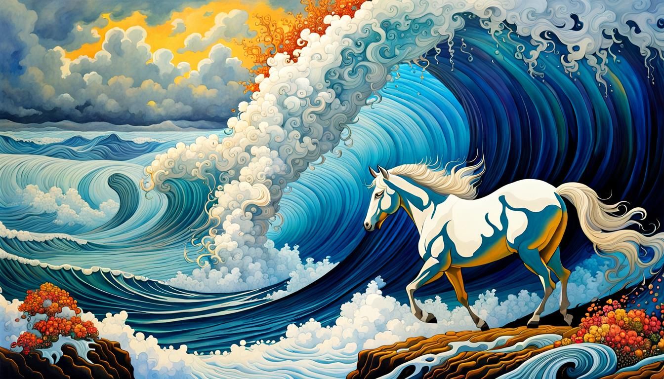 horse next to a big ocean wave - horse next to a big ocean w...
