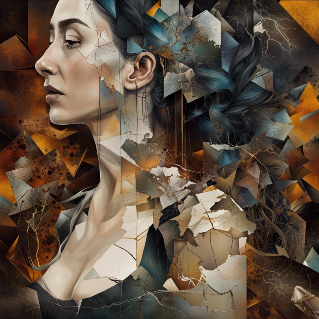 a broken woman assembled from various fragments and pieces, concept art ...