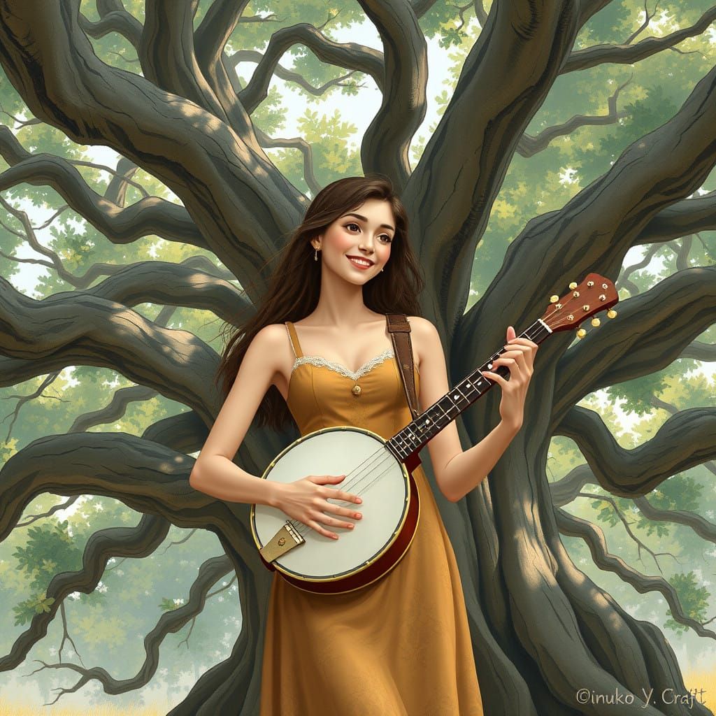 Slender young smiling lady playing banjo in front of a large tree. Her ...