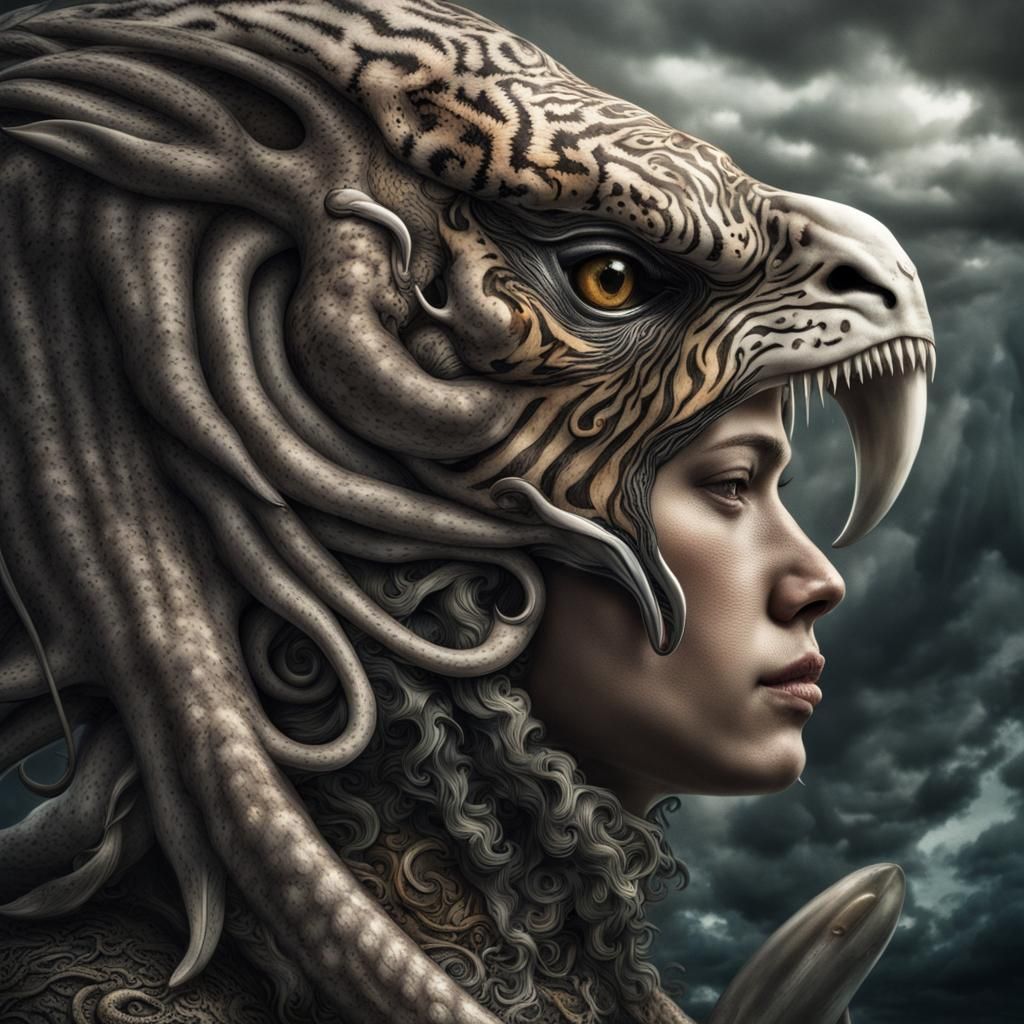 a human chimera with a eagle head, dolphin fins, octopus tentacles, and ...