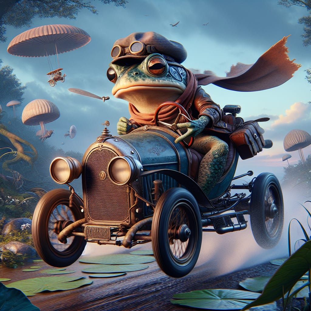Mr Toad wearing a cap and driving goggles speeding in his automobile