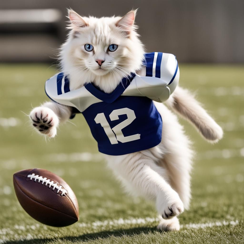 white ragdoll cat in football uniform with helmet running down field ...